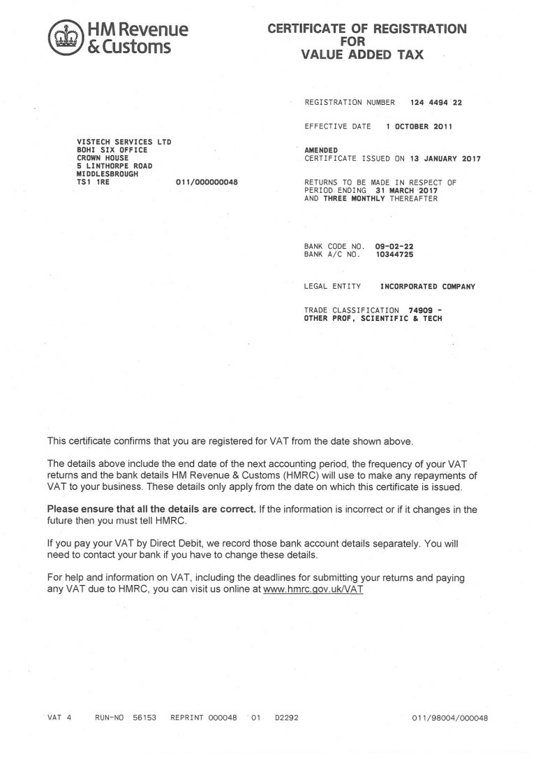 2017 HMRC VAT Certificate of Registration - Vistech | Security ...